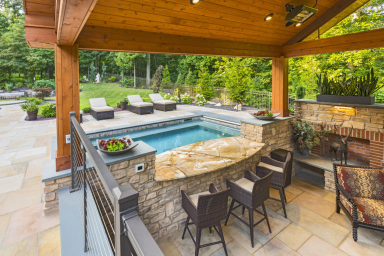 Custom Gunite Spa with Outdoor Living Area in Central PA
